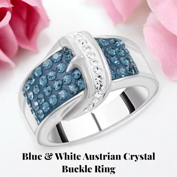Jewelry | Blue And White Austrian Crystal Buckle Ring In Silvertone ...